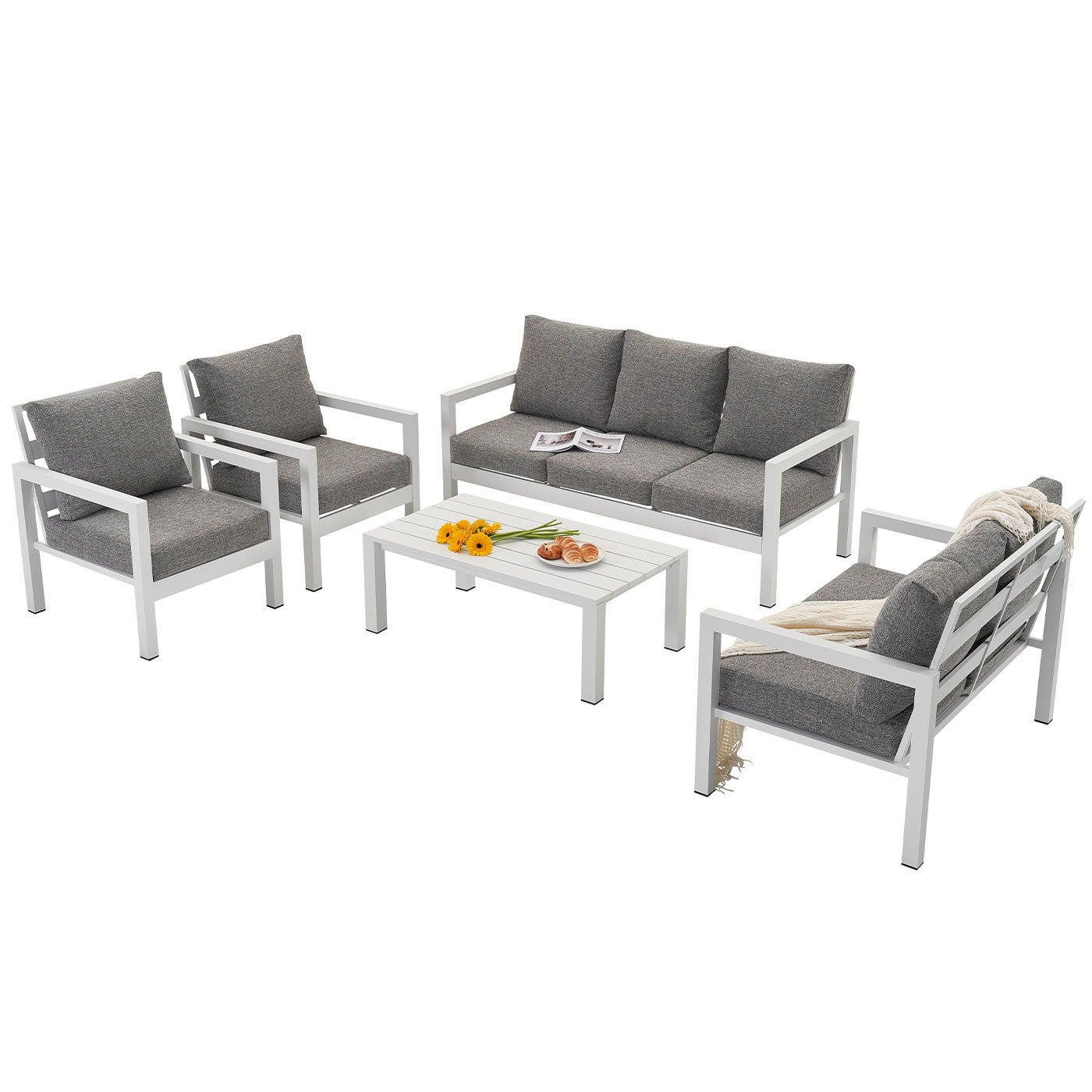 Manly 7 Seater White Aluminium Sofa Lounge Set - Textured Grey Cushion ...